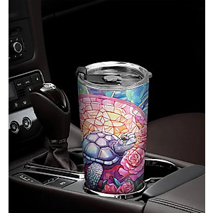 20oz Stained Glass Flower Sea Turtle Tumbler, Gifts for Turtle Lovers, Ocean, Beach Gifts, Coffee Thermos for Women, Stainless Steel Double Wall Vacuum Insulated Coffee Mug, Travel Cup with Lid