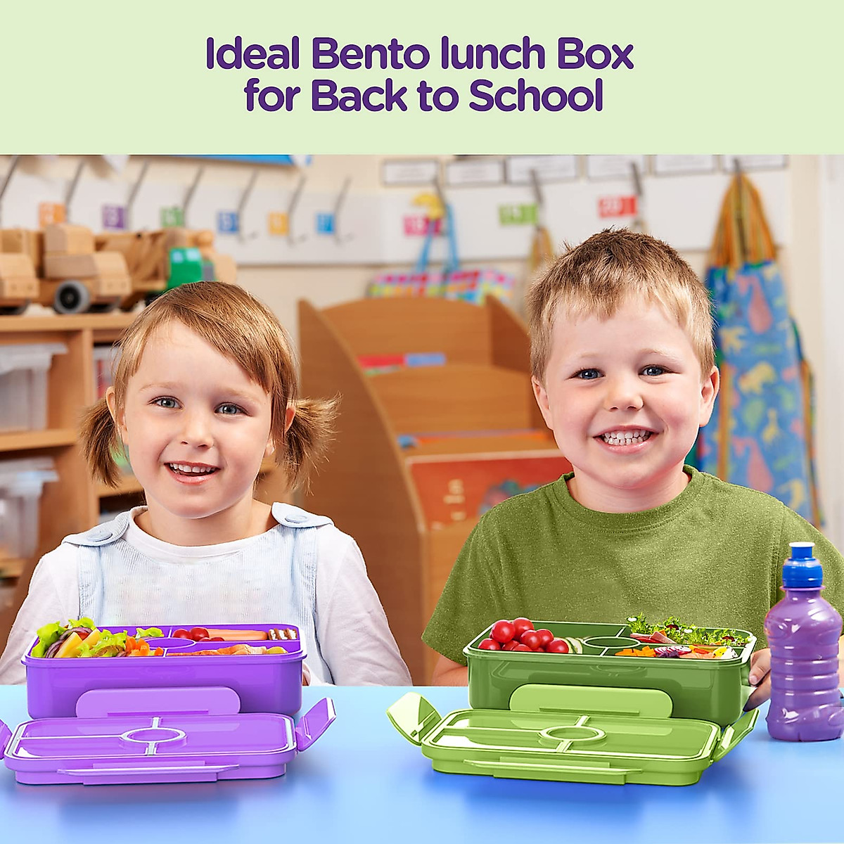 Jelife Lunch Box Kids Bento Box - Large Bento-Style Leakproof 4 Compartments Kids Lunchbox Food Containers with Utensils for Back to School, Reusable On-the-Go Meal and Snack Packing, Purple