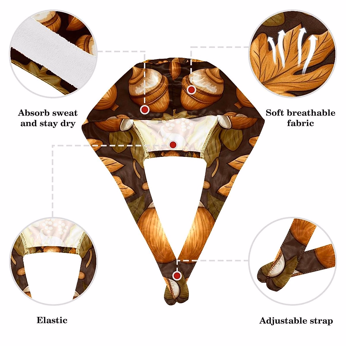 Happy Thanksgiving Acorns Bouffant Working Cap with Ribbon Tie for Women Long Hair, Scrub Surgical Hat, One Size Head Cover