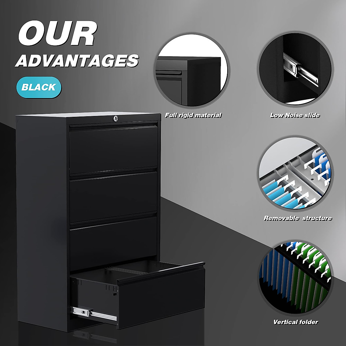 Aobabo Metal Lateral File Cabinet with Lock,Large Deep Drawer with Adjustable File Bars for Office,Home,35.43 Inches Wide for Letter/Legal A4 Size Drawer,Assembly Required (Black,4 Drawer)………