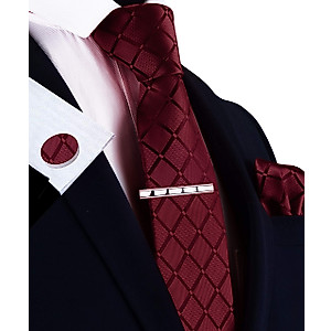 GUSLESON 3.15"（8cm） Men's Burgundy Plaid Tie Fashion Necktie Clip and Pocket Square Cufflinks Sets (6102-30)