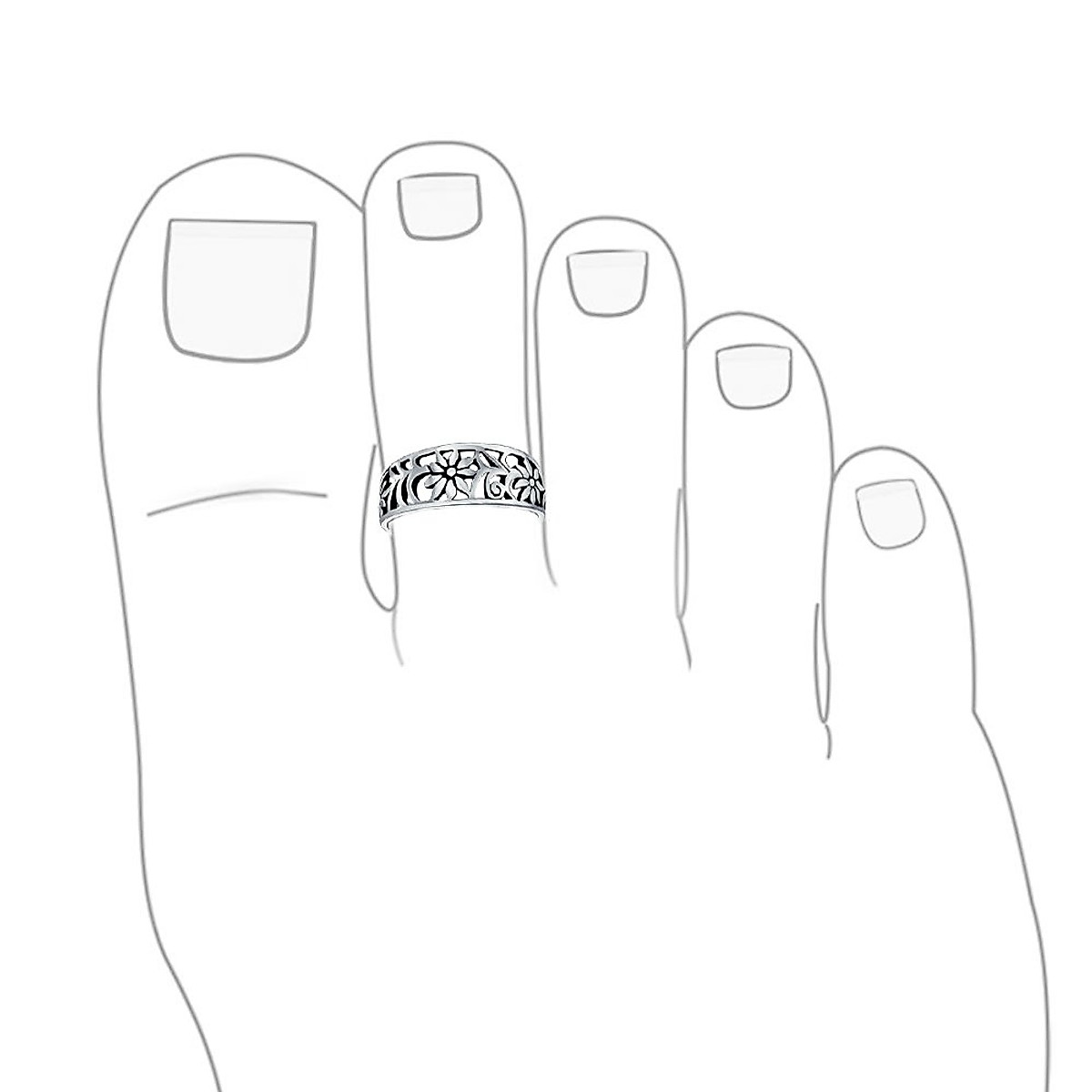 Flowers carved Swirl Cut Out Filigree Midi Band Toe Ring For Women .925 Silver Sterling Mid Finger Adjustable
