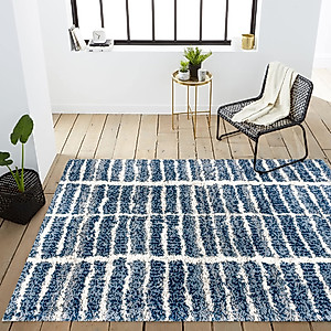 JONATHAN Y MBS101B-3 Merida Stacked Grid Shag Indoor Area -Rug Bohemian Modern Glam Easy -Cleaning Bedroom Kitchen Living Room, 3 X 5, Indigo Blue/Ivory