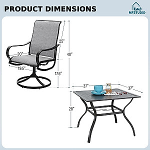 MFSTUDIO Patio Dining Set for 4, All Weather Outdoor Furniture Set with 4 Sling Swivel Chairs, 1 Square Metal Table, Light Grey Fabric