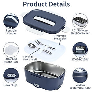Electric Lunch Box, 75W Portable Food Heater for Adults, Fast Heating Food Warmer for Car Truck Home Office 110V/12V/24V with 1.5L 304 Stainless Steel Container, Fork Spoon and Bag, Blue+White