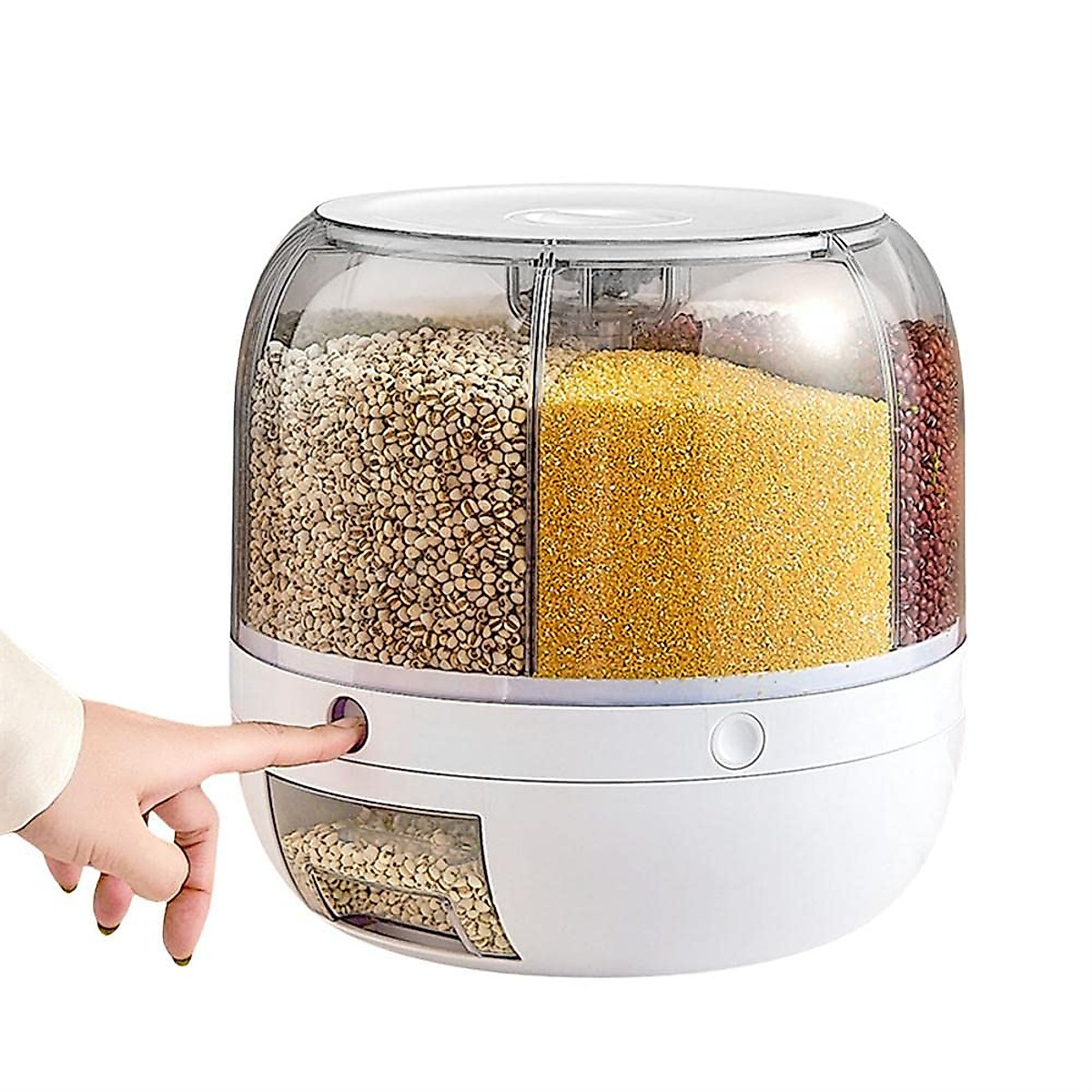 Rice Dispenser, 6-Grid 12lbs Rotating Rice Dispenser, Rice & Grain Storage Container, One-Click Rice Output, Visible and Round Rice Storage Bucket for Grains, Snacks, Candy, Coffee Beans, Dog Food