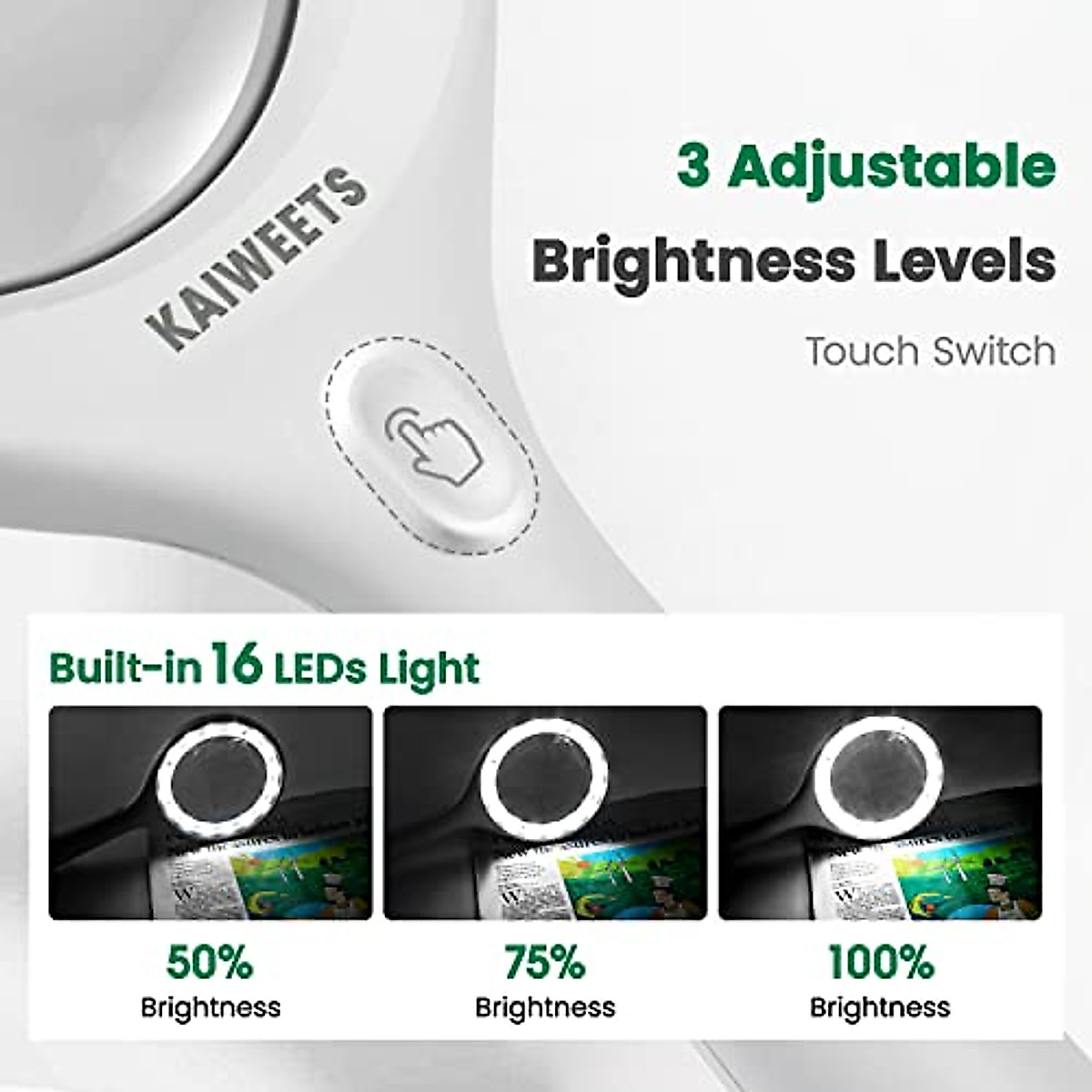 KAIWEETS Magnifying Glass with 16 LED Lights and Stand, Weight 145g Handheld Magnifier with 3 Brightness Modes Rechargeable for Close Work, Reading, Inspection, Coins, Jewelry, Exploring