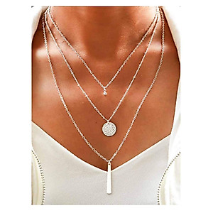 Yalice Multi-Layered Disc Necklace Chain Bar Drop Pendant Necklaces Coin Jewelry for Women (Silver)