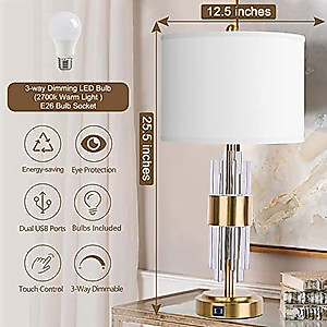 QiMH Gold Table Lamp for Living Room, Bedside Lamps for Bedrooms with Touch Control USB Ports, Modern Nightstand Lamp White Shade Home Lighting Decor (2700K LED Bulb Included)