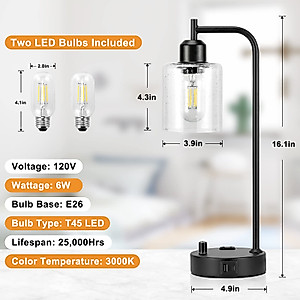 Industrial Table Lamps for Bedrooms Set of 2 - Fully Dimmable Bedside Lamps with USB A and C Ports and Outlet, Black Nightstand Lamps with Glass Shade for Living Room, Desk Lamps for Office Reading