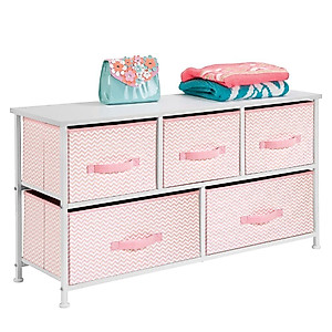 mDesign 21.65" High Steel Frame/Wood Top Storage Dresser Furniture Unit with 5 Removable Fabric Drawers - Wide Bureau Organizer for Bedroom, Living Room, Closet - Spira Collection, Pink/White