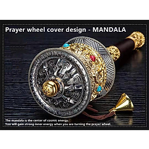 Copper Large Hand Held Prayer Wheel with Tibetan Buddhist Six-Character Truth Premium Buddha Scriptures, Wooden Handle Prayer Wheel for Praying, Blessing, Meditation, Healing, Relaxing, Yoga