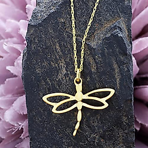 Wishrocks Dragonfly Insect Charm Pendant Necklace Jewelry for Women in 14k Yellow Gold Over Sterling Silver Along with 18" Silver Chain
