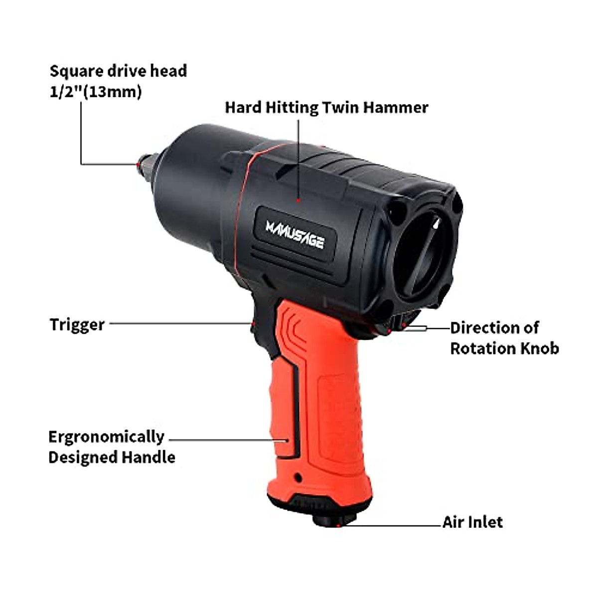MANUSAGE Air Impact Wrench 1/2 inch with Twin Hammers, Pneumatic Heavy Duty Tools, 1200 ft-lbs Powerful Torque Output,7000RPM, Forward/Reverse, Speed Control, RP9510, Black, Red