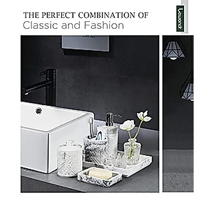 Lewondr Bathroom Accessories Set, 5-Piece Resin+Grit Embossed Bath Countertop Set with Vanity Tray, Soap Dish, Soap & Lotion Dispenser, Cotton Jar, Divided Toothbrush Holder - White