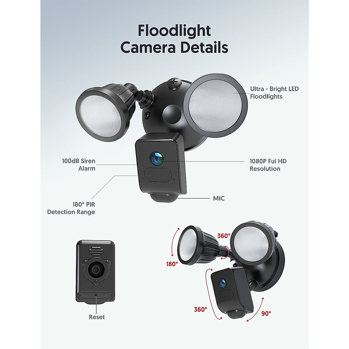 ZJX 24/7 Recording Floodlight Camera Plus, 2500 Lumens Outdoor Security Cam with IP65 Weatherproof, Motion Detection and Motion-Activated (Black)