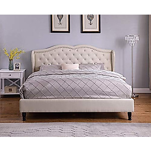 Home Life Premiere Curved Classics Cloth Light Beige Linen 51" Tall Headboard Platform Bed with Slats Full - 019