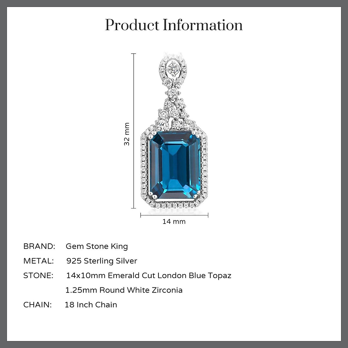 Gem Stone King 925 Sterling Silver London Blue Topaz Pendant Necklace For Women (10.10 Cttw, Emerald Cut 14X10MM, Gemstone Birthstone with 18 Inch Silver Chain)