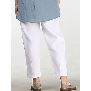 LaovanIn Women's Linen Cropped Pants Tapered Ankle Capris Trousers Elastic Waist Large White