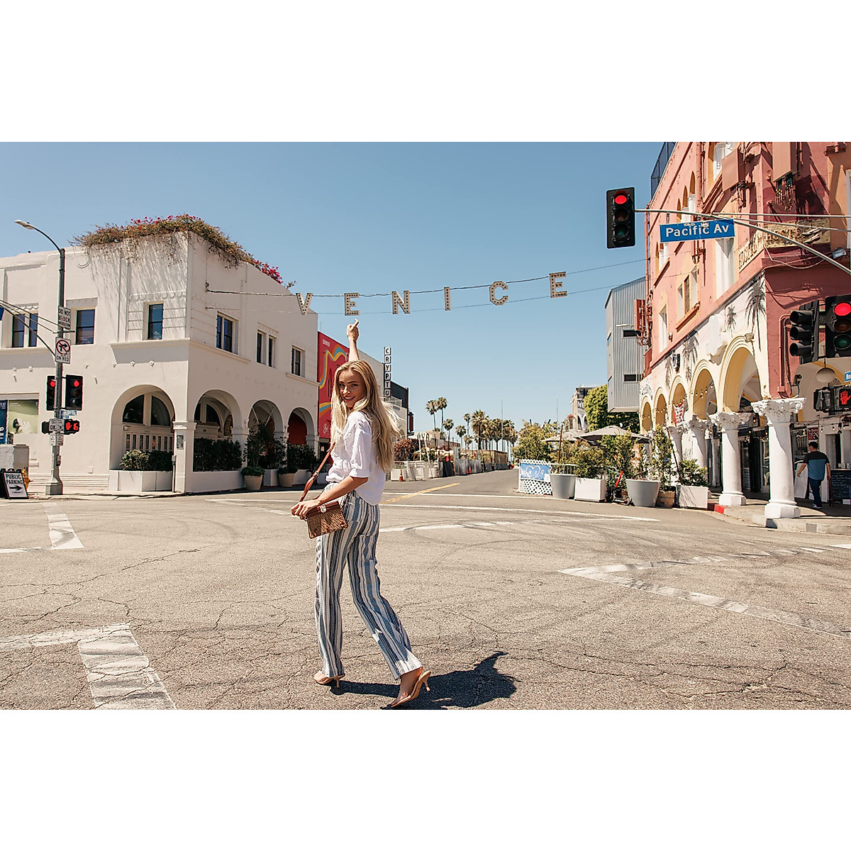 Cali1850 Women's Casual Linen Pants 32" Inseam Oceanside Drawstring Smocked Waist Lounge Beach Pants with Pockets Navy Ivory Large