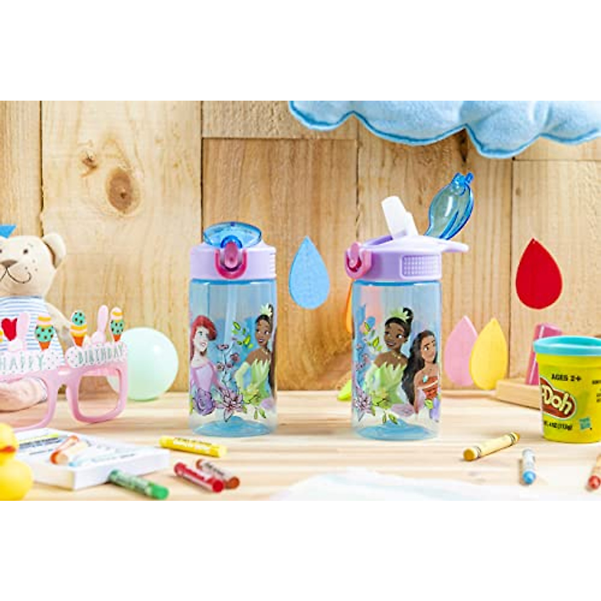 Zak Designs Kids Durable Plastic Spout Cover and Built-in Carrying Loop, Leak-Proof Water Design for Travel, (16oz, 2pc Set), Disney Princess