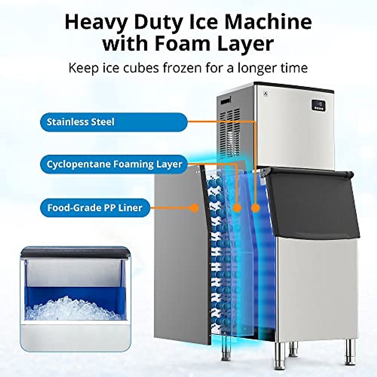 ACONEE Commercial Ice Maker Machine, 350lbs/24H Stainless Steel Under Counter ice Machine with 220lbs Ice Storage Capacity, Freestanding Ice Maker, High Efficiency