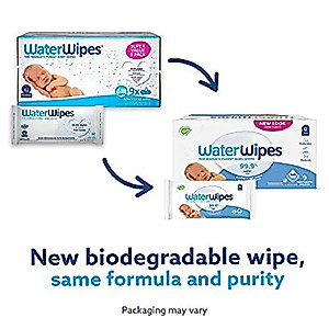 WaterWipes Plastic-Free Original Baby Wipes, 99.9% Water Based Wipes, Unscented & Hypoallergenic for Sensitive Skin, 540 Count (9 packs), Packaging May Vary