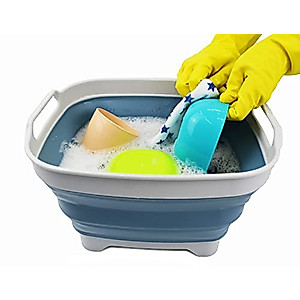 SAMMART 7.5L (2 Gallons) Collapsible Dishpan with Draining Plug - Foldable Washing Basin - Portable Dish Washing Tub - Space Saving Kitchen Storage Tray (Grey/Steel Blue, 1)