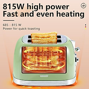 Toaster Retro 2 Slice, Vintage Toaster, Green Toaster, With Stainless Steel Lid, With Bread Attachment, Preheat, Defrost And Cancel Functions, 6 Browning Levels (Green)