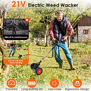 Powerful Cordless Weed Wacker, 21V Electric Brush Cutter with 2.0Ah Battery, Foldable Design, Lightweight and Versatile 3-in-1 Weed Eater for Garden, Lawn, and Yard
