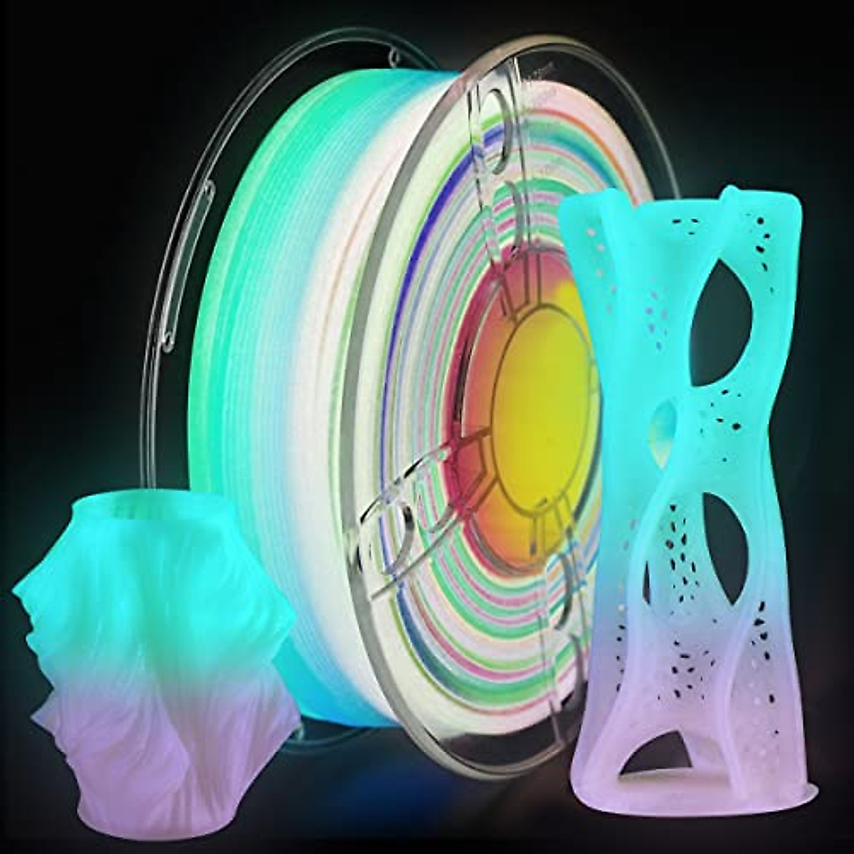 3D Printer PLA Filament Bundle 1.75mm, Glow in The Dark Rainbow Luminous 3D Printing Filament, Multicolor PLA Filament Gradient Color Change, Dimensional Accuracy +/- 0.03 mm, 1kg(2.2lbs) Spool