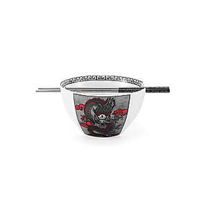 Hagary Dragon Ramen Bowl with Chopsticks Ceramic Bowl Stainless Steel Chopsticks Japanese Style Udon Miso Noodle Soup Bowls Housewarming Wedding Gifts Designed in Korea (Black, 20oz)
