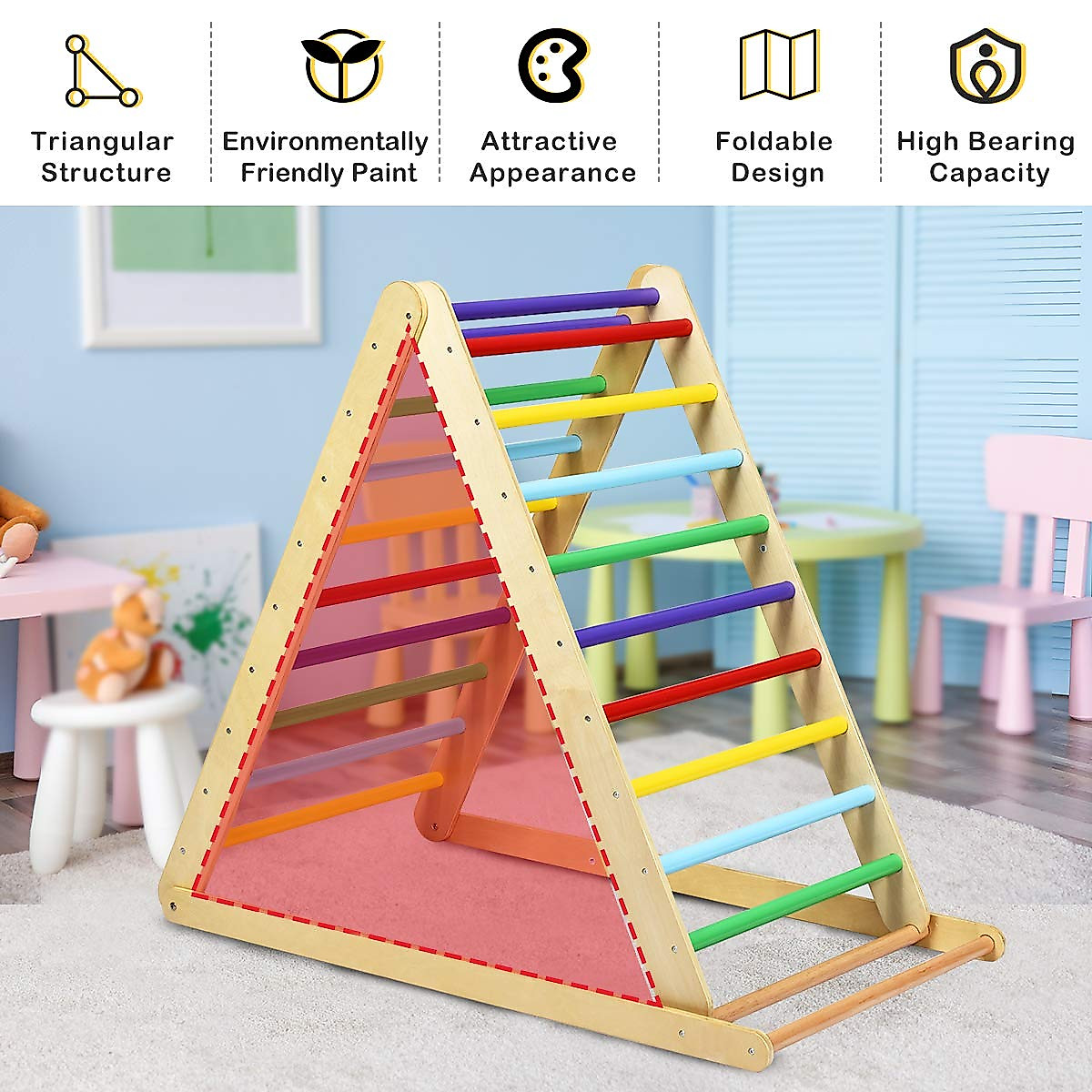 HONEY JOY Triangle Climber with Ramp, 2-in-1 Indoor Toddler Climbing Triangle Set with Ladder & Slide, Foldable Wooden Kids Climbing Toys for Playground, Gym & Daycare, Gift for Boys Girls (Colorful)