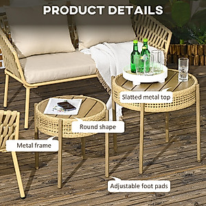 Outsunny 2 Piece Wicker Patio Table Set, PE Rattan End Table Set, Outdoor Round Coffee Table Set, Multi-Functional, Slatted Metal Top, Brown