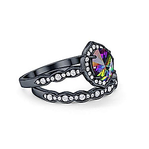 Blue Apple Co. Two Piece Art Deco Vintage Style Wedding Engagement Bridal Set Ring Band Oval Round Black Tone, Simulated Rainbow Cubic Zirconia 925 Sterling Silver Size-5
