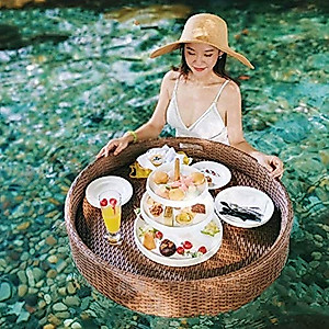 Round Rattan Woven Serving Tray Rattan Floating Breakfast Tray with Handles, Swimming Pool Floats, for Adults for Sandbars Spas Bath and Parties Wedding Photography Photo Shoot