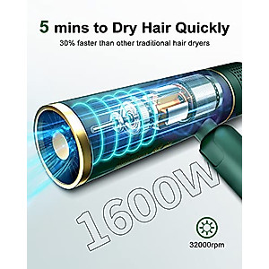 7MAGIC Fast-Drying Hair Dryer, Foldable, with Storage Bag for Travel, Lightweight Portable Hairdryer for Women & Men, Negative Ionic Hair Blow Dryer, 2 Heating/Cold/2 Speed Settings, Green