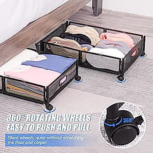 NiHome Under Bed Storage Containers with Wheels, Foldable Metal Under Bed Shoe Storage Drawers Cart, Tool Free Assembly Rolling Under Bed Storage Organizer for Toys Clothes Book Blanket, Black, 2PCK