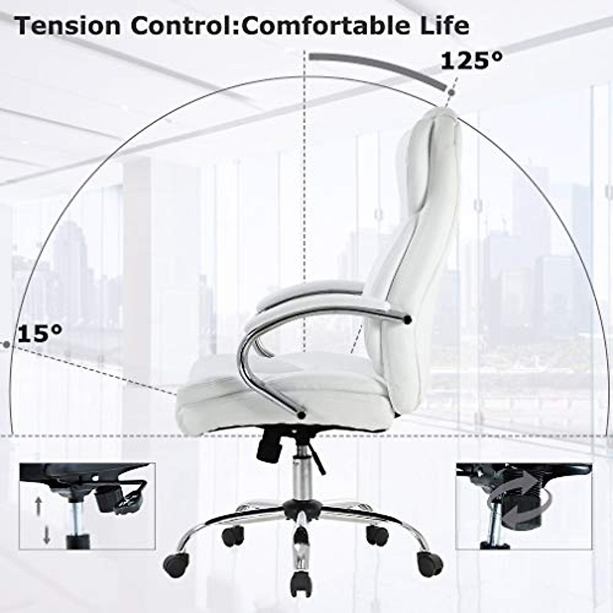 Ergonomic Office Chair Cheap Desk Chair PU Leather Computer Chair Executive Adjustable High Back PU Leather Task Rolling Swivel Chair with Lumbar Support for Women Men, White