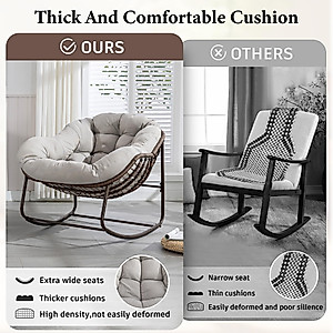 Large Indoor Outdoor Rocking Chair, Oversized Rocking Papasan Chair with Thick Cushion and Frame Outdoor Rocker, Comfy Wicker Egg Chairs Lounge for Outside Porch Patio Backyard Balcony (Beige)