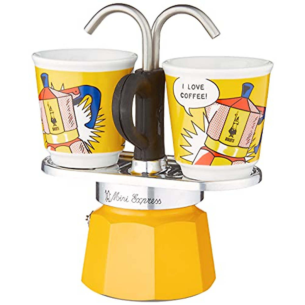 Bialetti - Mini Express Lichtenstein: Moka Set includes Coffee Maker 2-Cup (2.8 Oz) + 2 shot glasses, Yellow, Aluminium