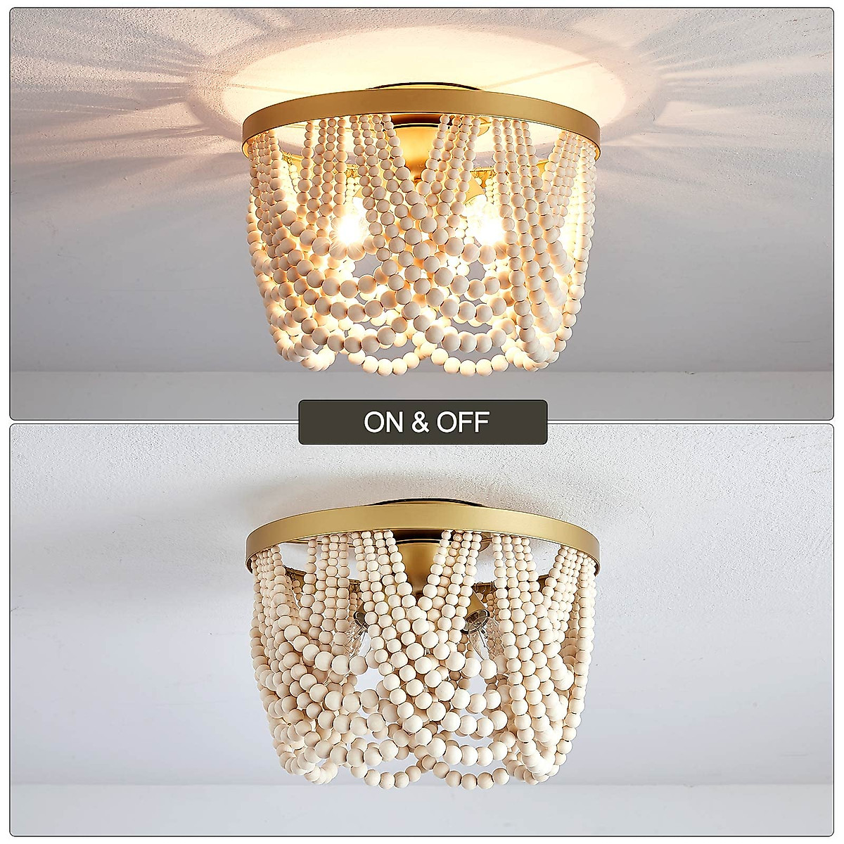 MZMHD Boho Wood Beaded Semi Flush Mount Ceiling Light Fixture,3-Light Gold Metal Mini Chandeliers,Bohemia Small Chandelier for Bedroom,Nursery Room,Entryway,Hallway,Passway,Dining Room