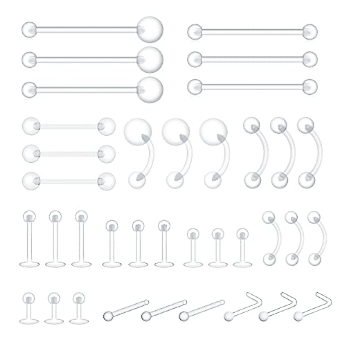 PiercingArt 36pcs Clear Piercing Retainers Bioflex Plastic Jewelry for Nipple Tongue Nose Septum Eyebrow Belly Earrings Tragus Helix Cartilage Industrial Lip Labret Rings Studs For Surgery Mri