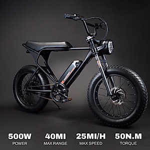 MACFOX Electric Bike for Adults, Ebike 500W/48V/10.4Ah, 20" Fat Tire Electric Bicycles Up to 20MPH & 40 Miles with Retro Motorcycle Design, Removable Battery, 50N.m Max Torque（Fenders）