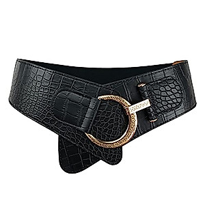 JOYMIN Women's Fashion Vintage 2.8" Wide Elastic Stretch Waist Belt With Interlock Buckle Crocodile Embossed Classic Leather Belt，Black