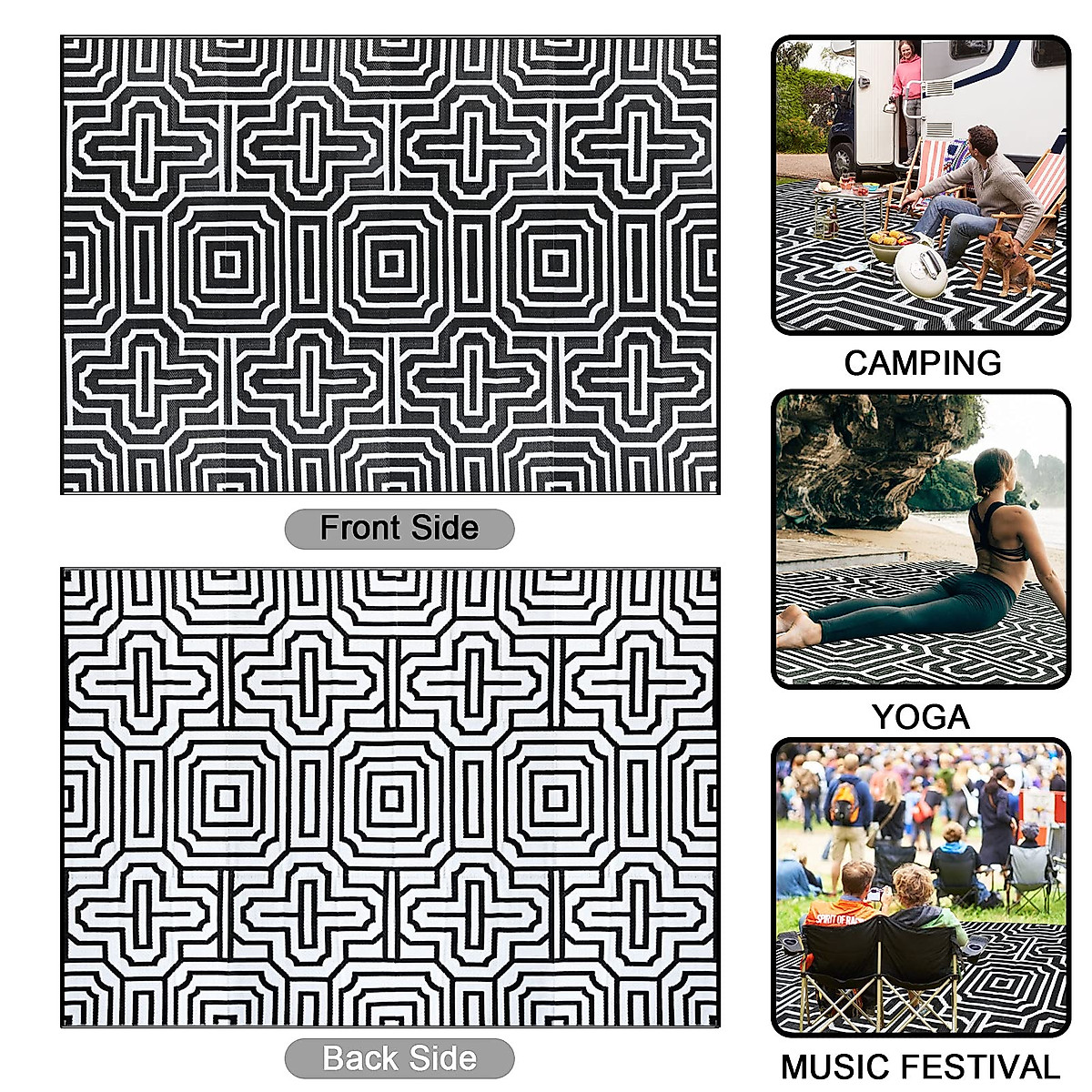 Plastic Straw Rug, Patio Rug Outdoor,RV Rug ,Reversible mats, Large Floor Mat and Rug for Outdoors, RV, Patio, Backyard, Deck, Picnic, Beach, Trailer, Camping (Black, 9x12)… (Black)