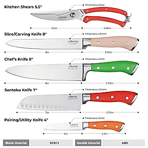 Elihome 5 Piece Professional Kitchen Knife Set, Premium Stainless Steel Ultra Sharp Knives Set for Kitchen, Ergonomic Colorful Handle, Home Cooking, Perfect Cutlery Set Gift, without Block