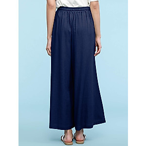 LL Womens Washed Linen Casual Loose Wide Leg Pants Pocket Pant with Draw String XL Navy