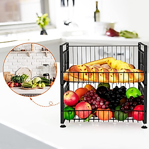 Fashionwu 2 Tier Fruit Basket with 4 Removable Banana Hangers, Fruit Bowl for Kitchen Counter, Kitchen Storage Organizer Holder for Fruit Vegetable, Black