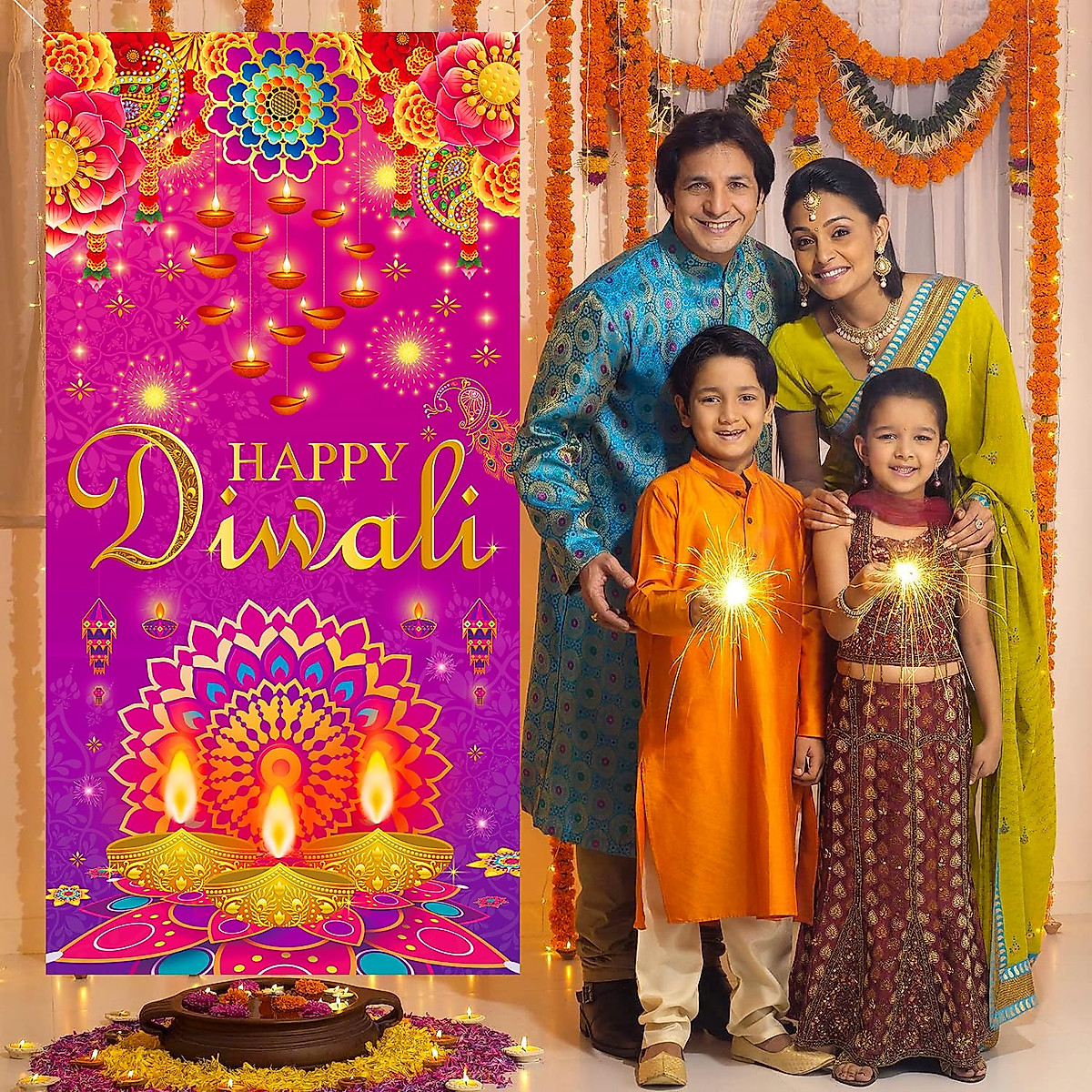 Diwali Door Cover Decorations, Happy Diwali Party Decorations Deepawali Indian Festival of Lights Hanging Banner, Diwali Party Supplies